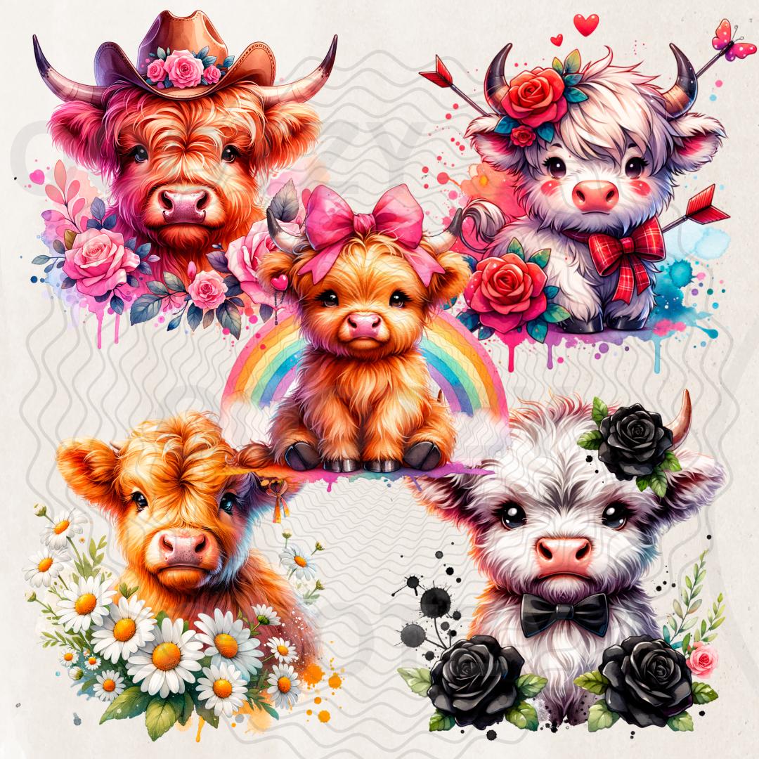 Cute Highland Cow Watercolor Clipart Set - a Cartoon of a Cow With a ...