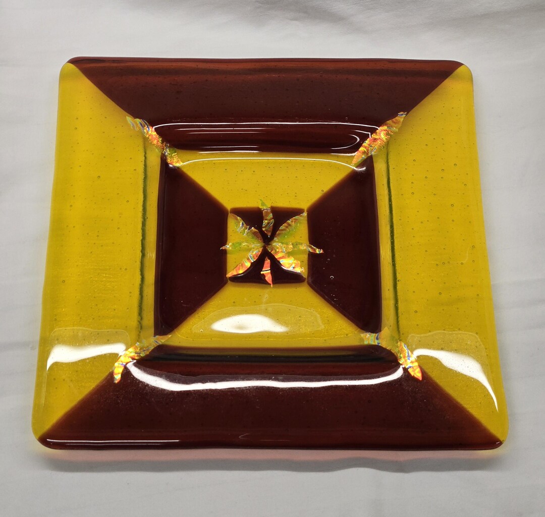 Vintage Square Plate Abstract Art Glass Kiln Fused Dichroic Glass ...