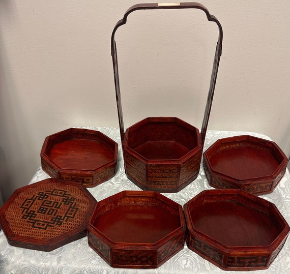Antique Chinese Asian 5 Tier Stackable Lunch Box Lacq… - Gem