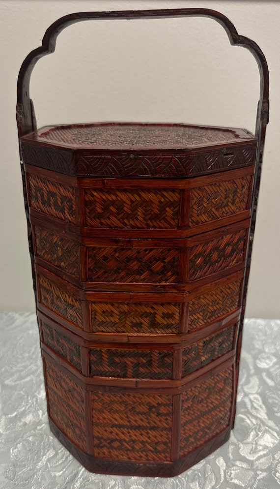 Antique Chinese Asian 5 Tier Stackable Lunch Box Lacq… - Gem