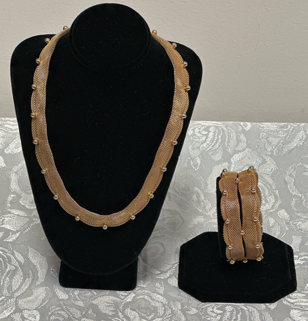 Vintage Kramer of New York 2 Pc Gold Mesh Necklace and Bracelet Set ...