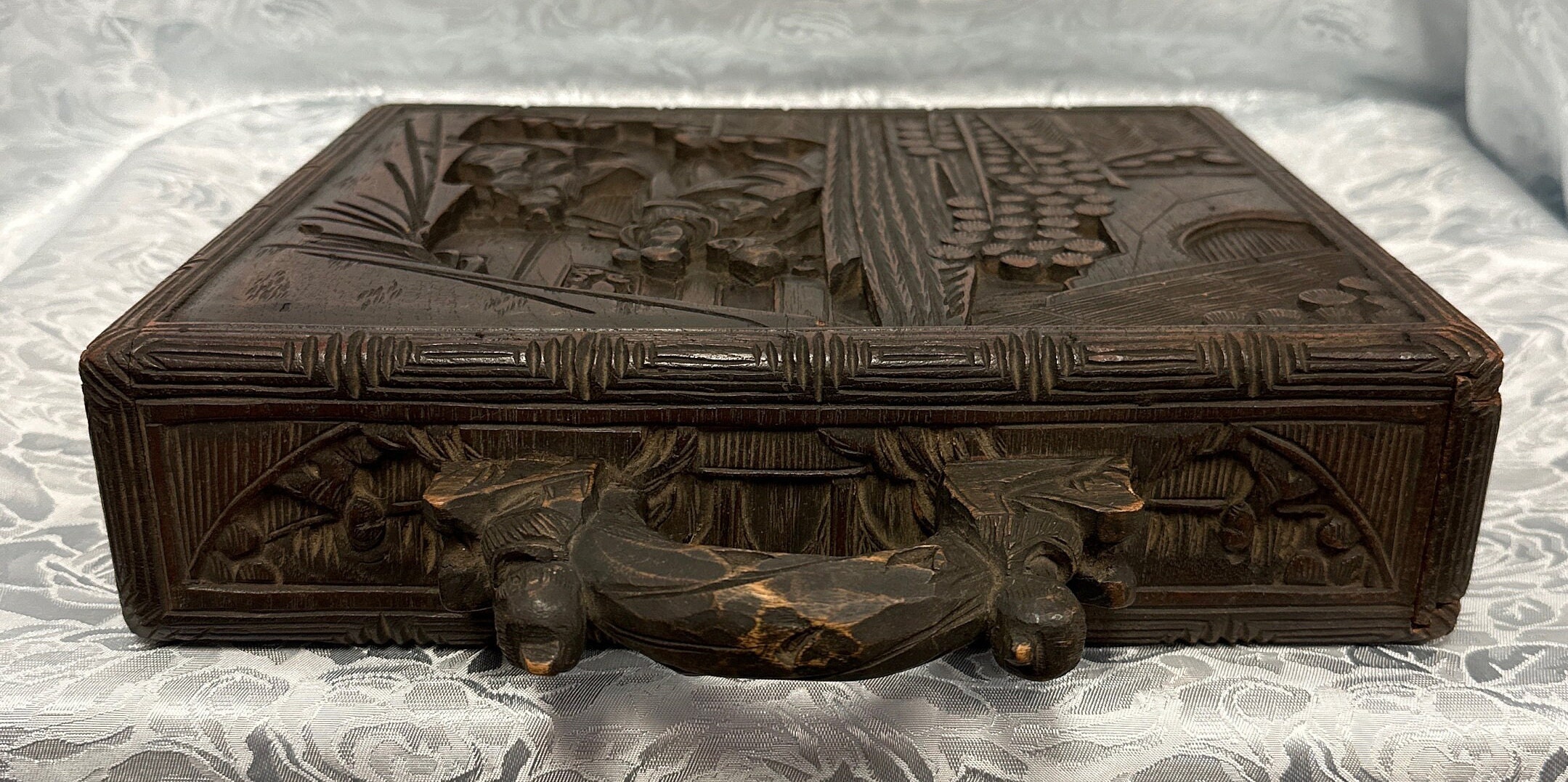 Vintage Hand Carved Asian Wooden Box Case With Handle Secret ...