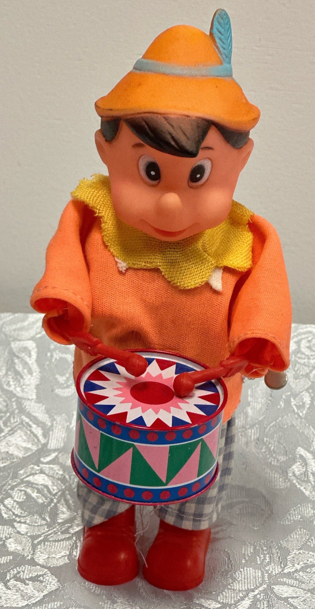 Rare Vintage Pinocchio Drummer Boy Moving Wind up Rubber Plastic Body ...