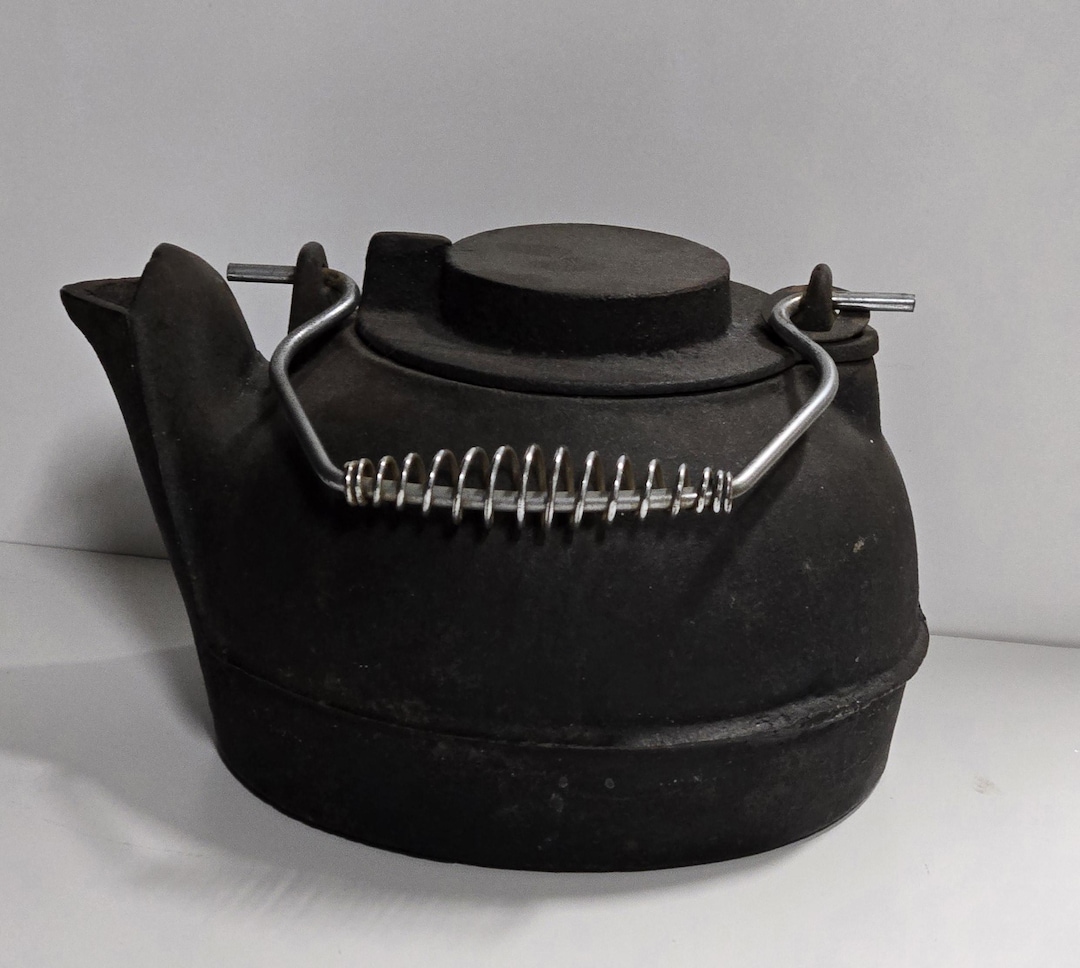 Antique Heavy Cast Iron Tea Kettle Cowboy Camp Homestead Colonial 2 Pc ...