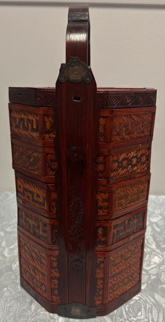 Antique Chinese Asian 5 Tier Stackable Lunch Box Lacq… - Gem