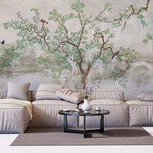Chinoiserie Wallpaper, Asian Art Wallpaper, Tree and Birds Wallpaper ...