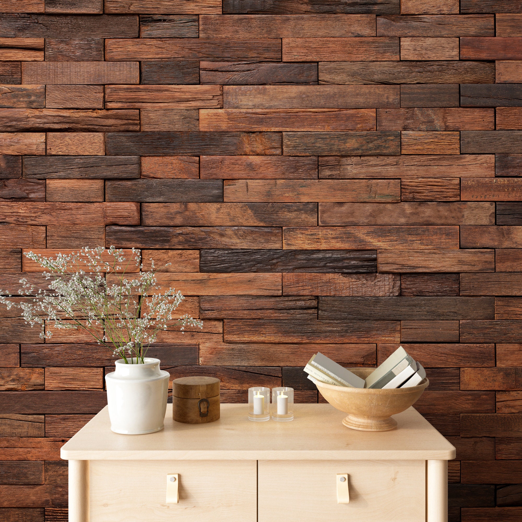 Wood Geometric Wallpaper, Wood Decor Wallpaper, Modern Wallpaper, Peel ...