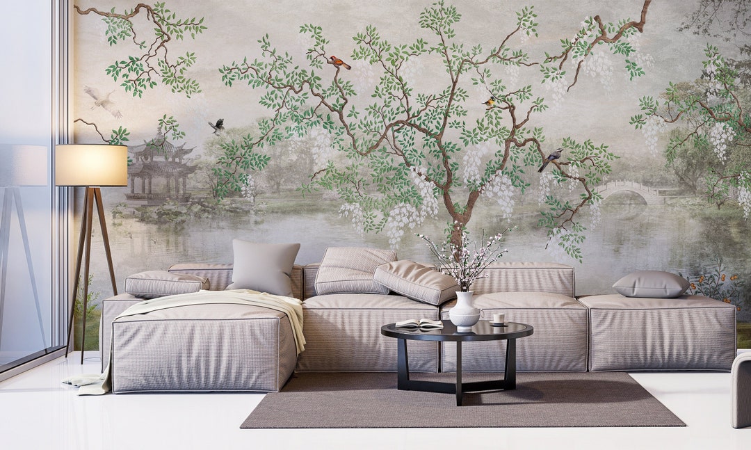 Chinoiserie Wallpaper, Asian Art Wallpaper, Tree and Birds Wallpaper ...