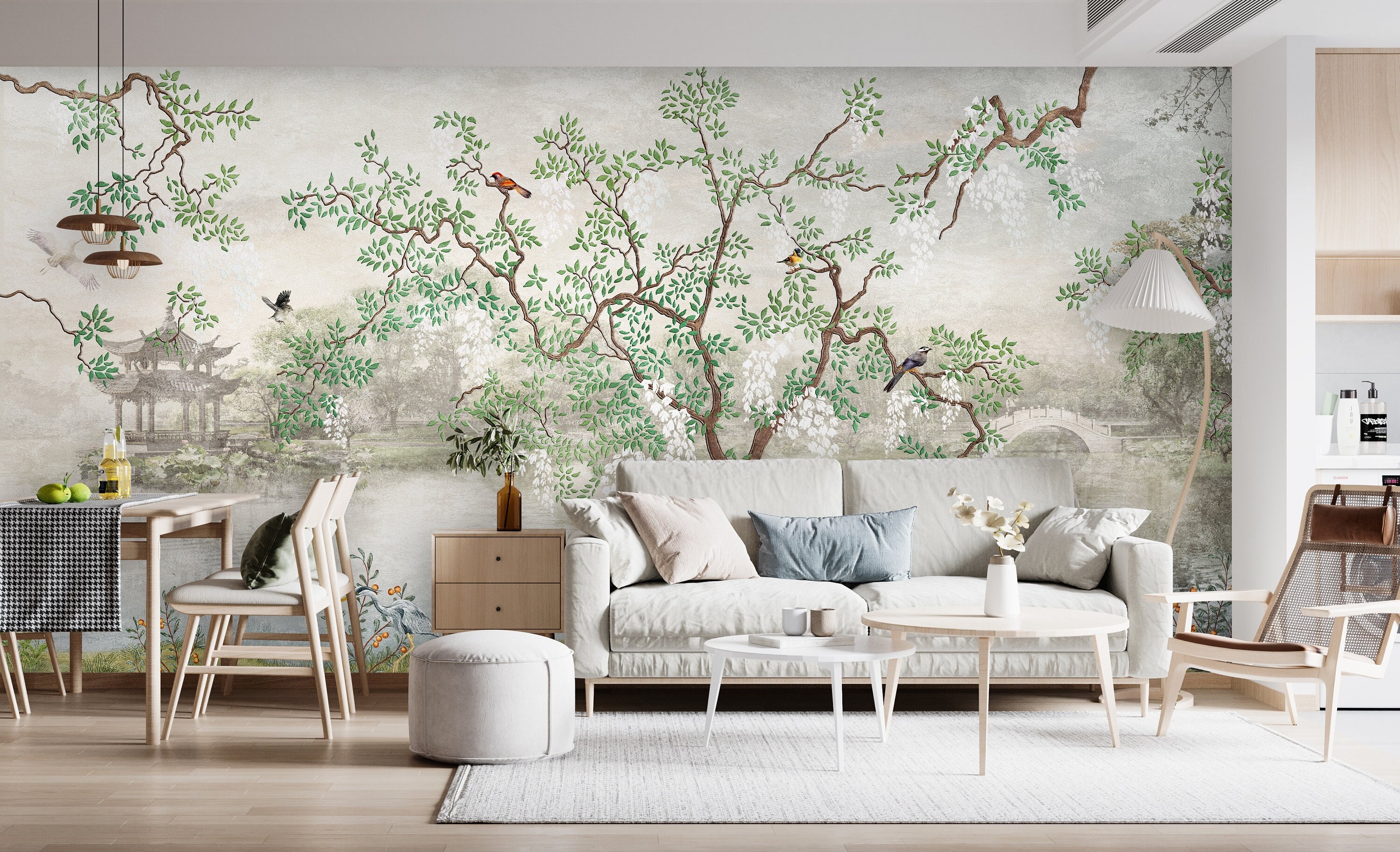 Chinoiserie Wallpaper, Asian Art Wallpaper, Tree and Birds Wallpaper ...