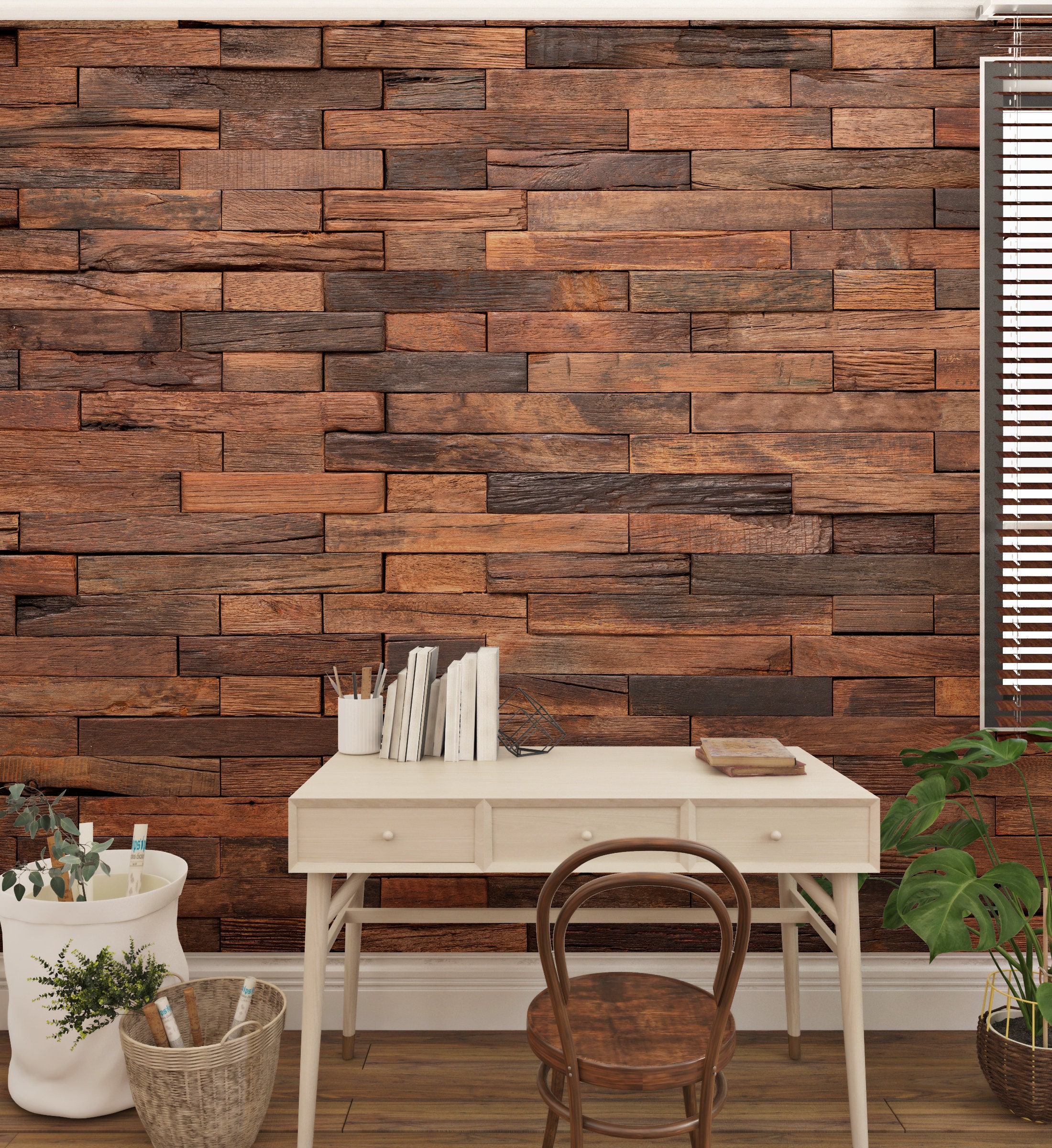 Wood Geometric Wallpaper, Wood Decor Wallpaper, Modern Wallpaper, Peel ...