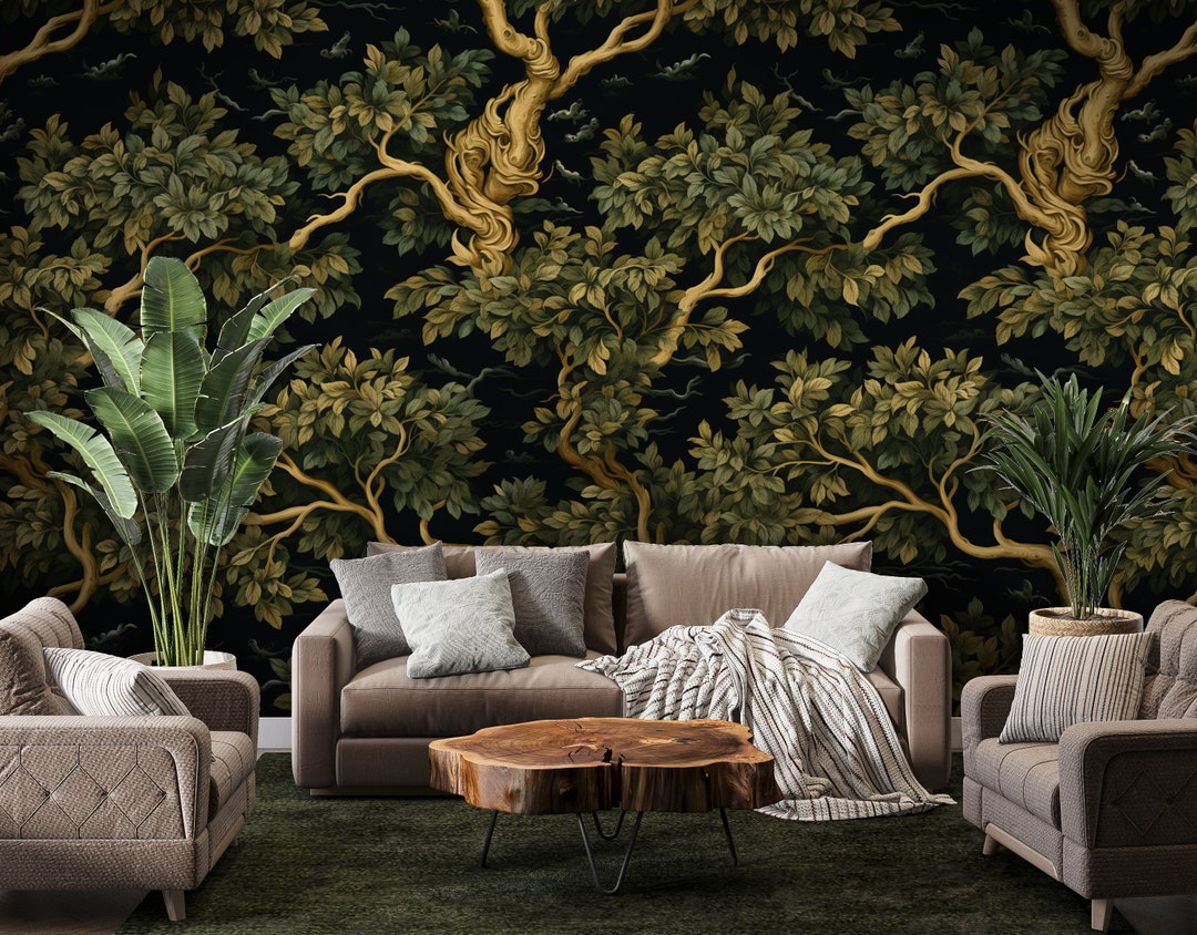 Dark Botanical Wallpaper, Dark Botanical Wall Mural, Forest Wallpaper ...