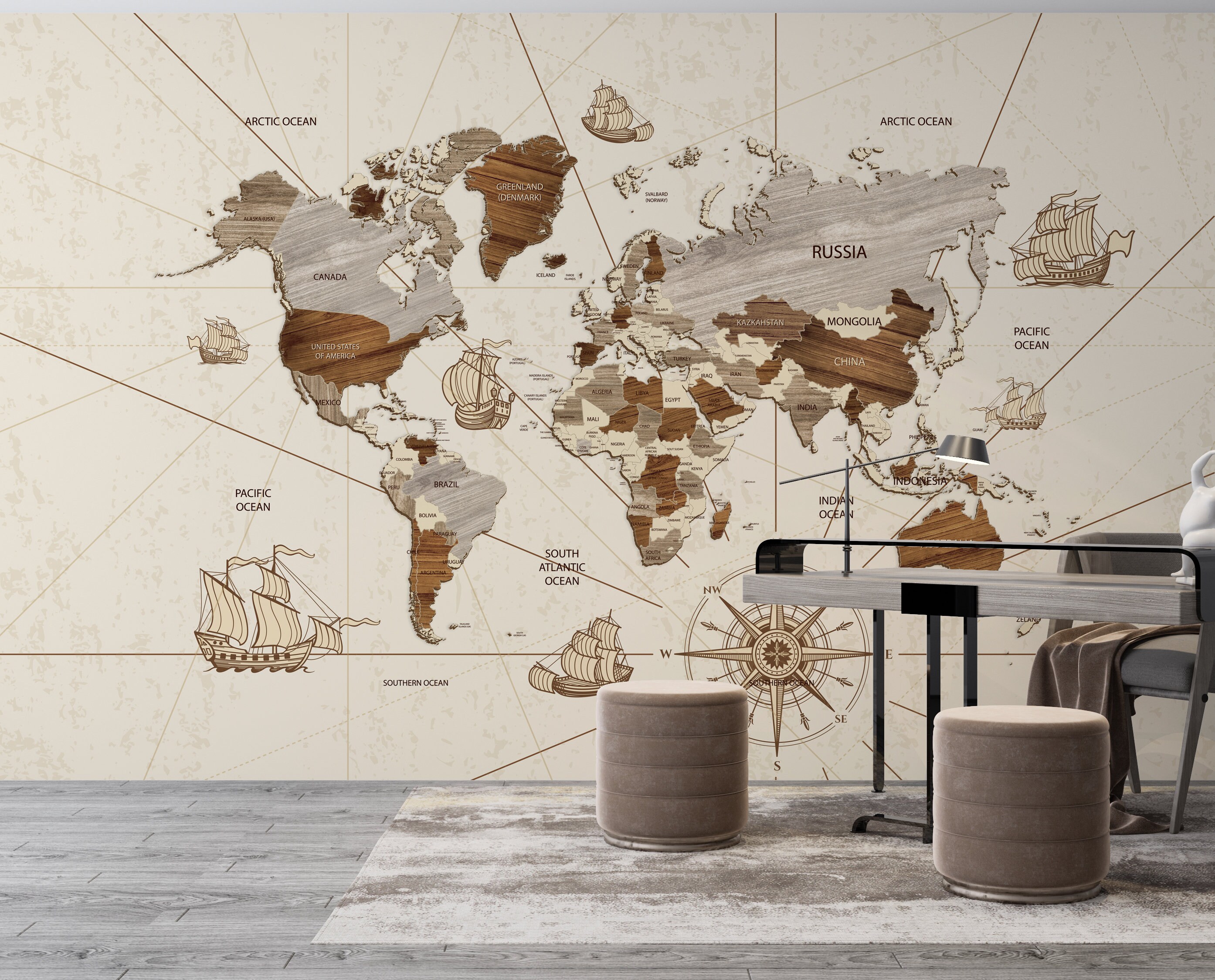 World Map Wallpaper Wood Look Wallpaper Map Wallpaper - Etsy