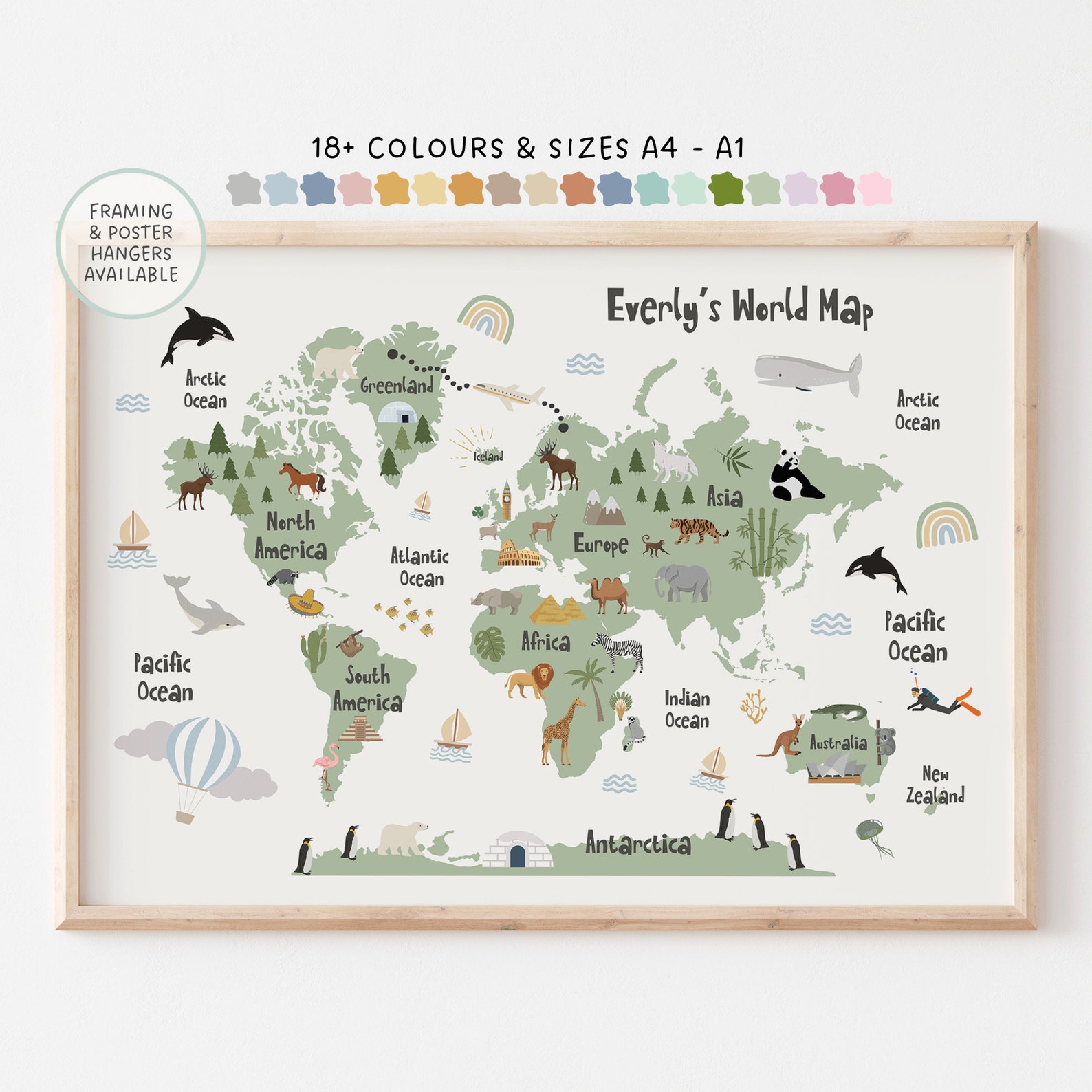 World Map Prints A4 A1 Various Colours Nursery Print - Etsy UK