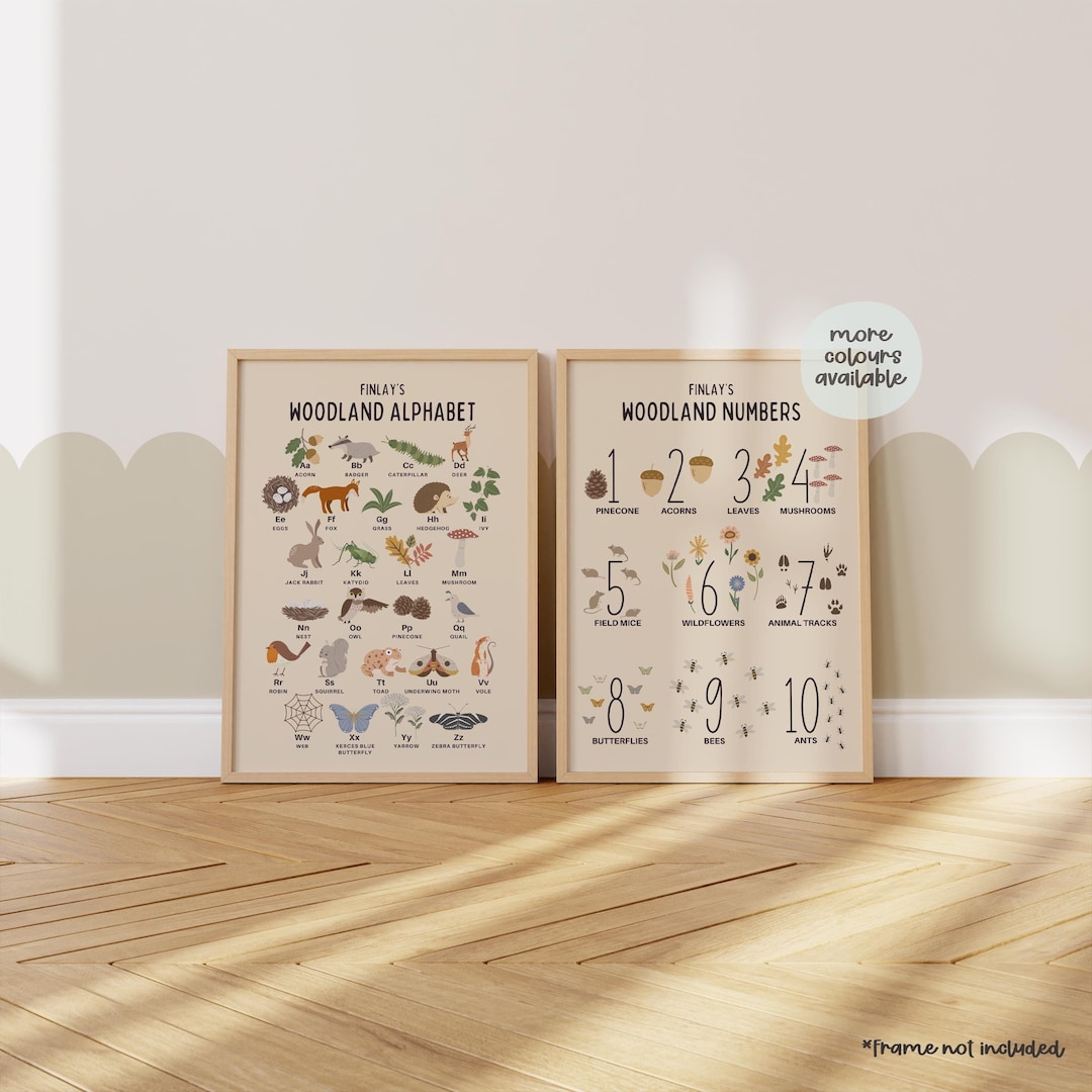 Set of 2, Woodland Alphabet, Woodland Numbers, Educational Prints ...