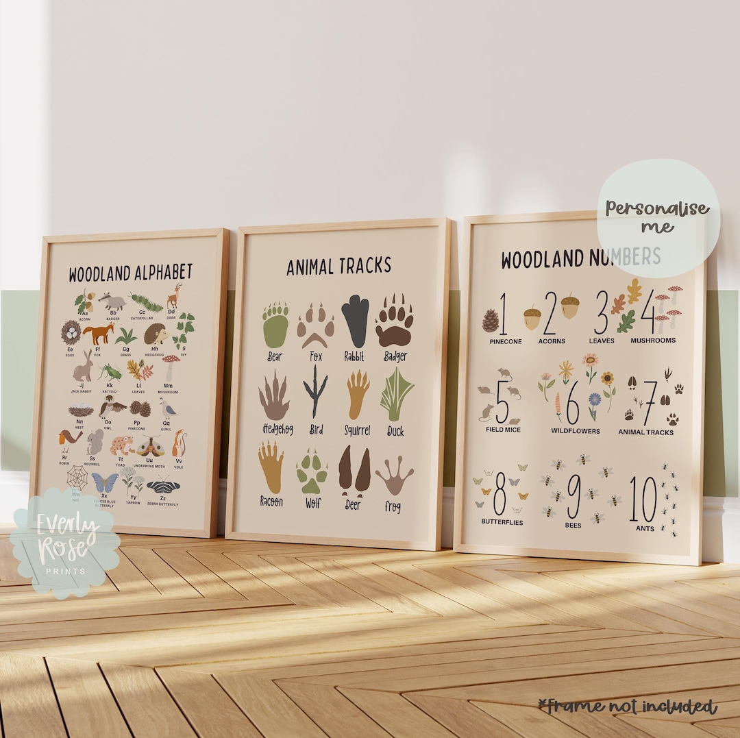 Set of 3, Woodland Alphabet, Woodland Numbers, Educational Prints ...