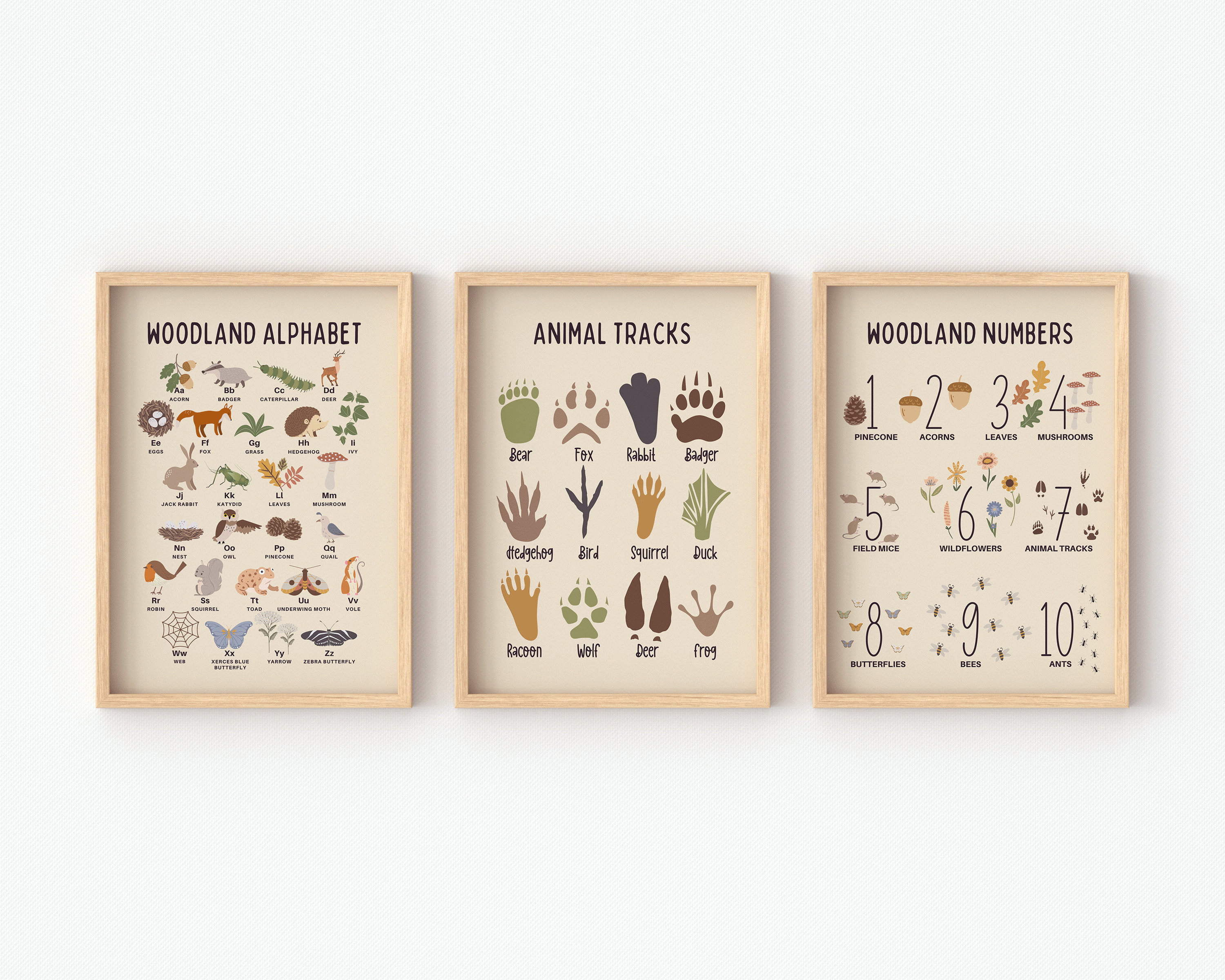 Set of 3, Woodland Alphabet, Woodland Numbers, Educational Prints ...