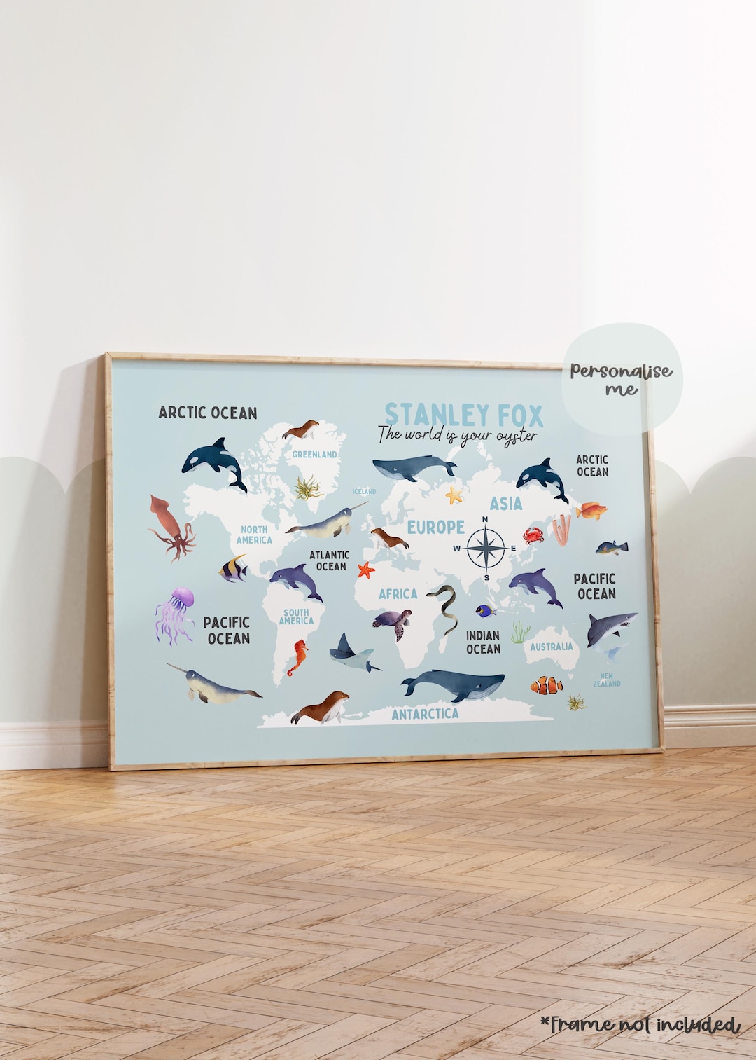 Sea Life World Map, Animal World Map, Nursery Prints, Ocean Nursery ...