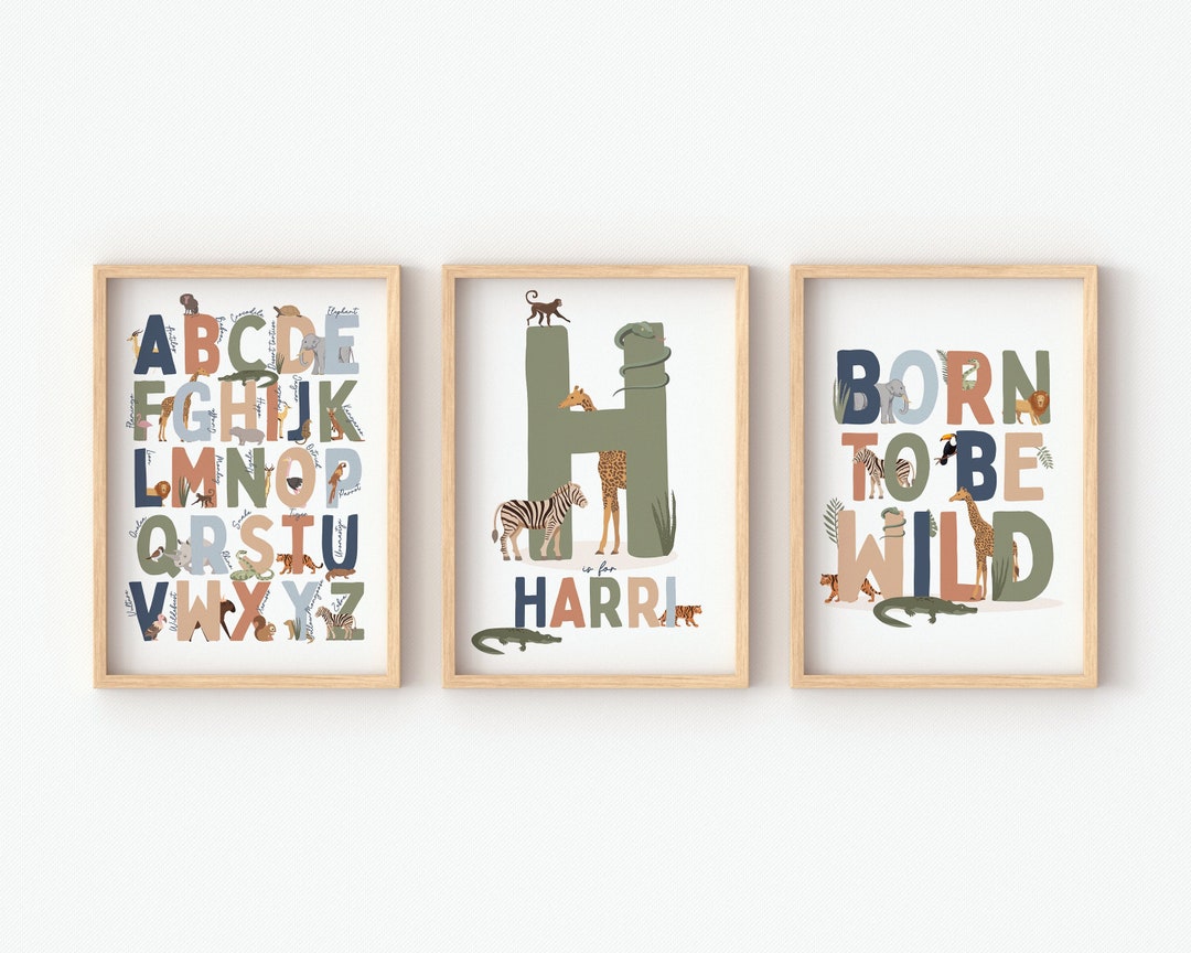 Set of 3, Animal Alphabet, Safari Nursery Prints, Born Wild, Safari ...