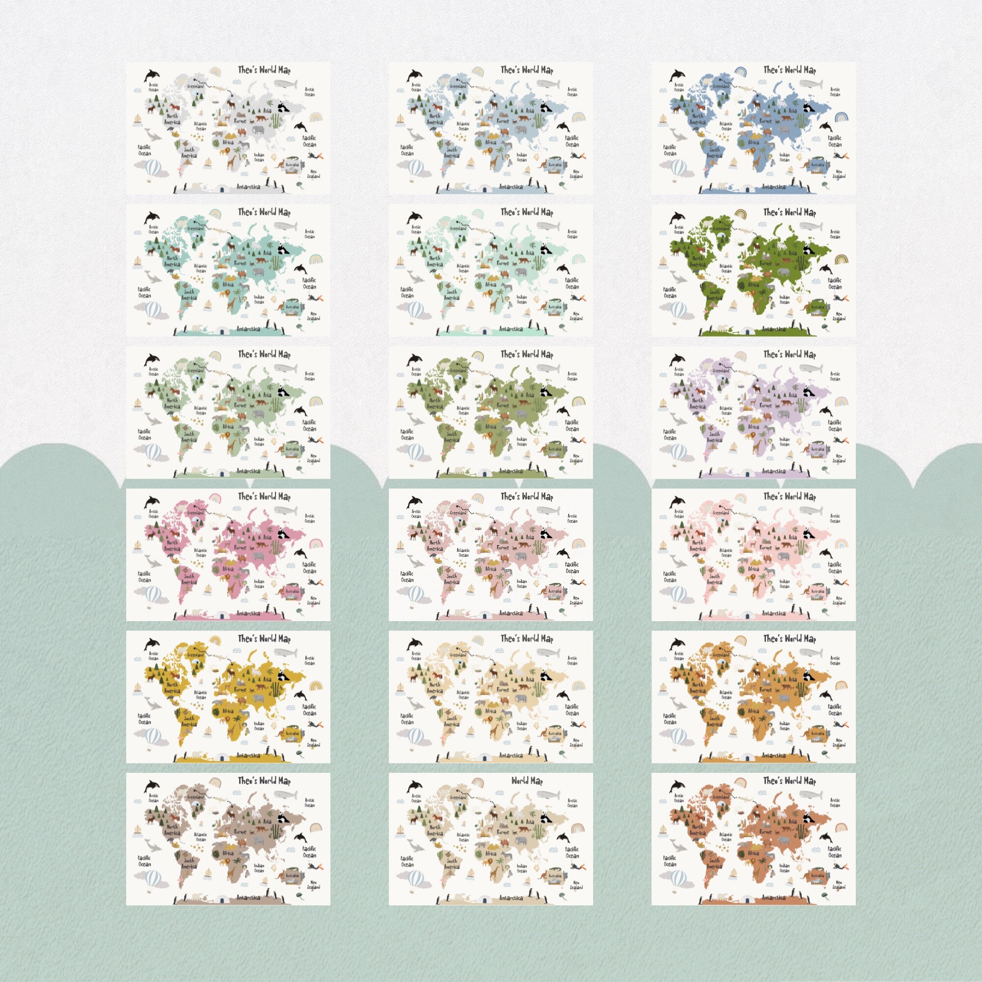 World Map Prints A4 A1 Various Colours Nursery Print - Etsy UK