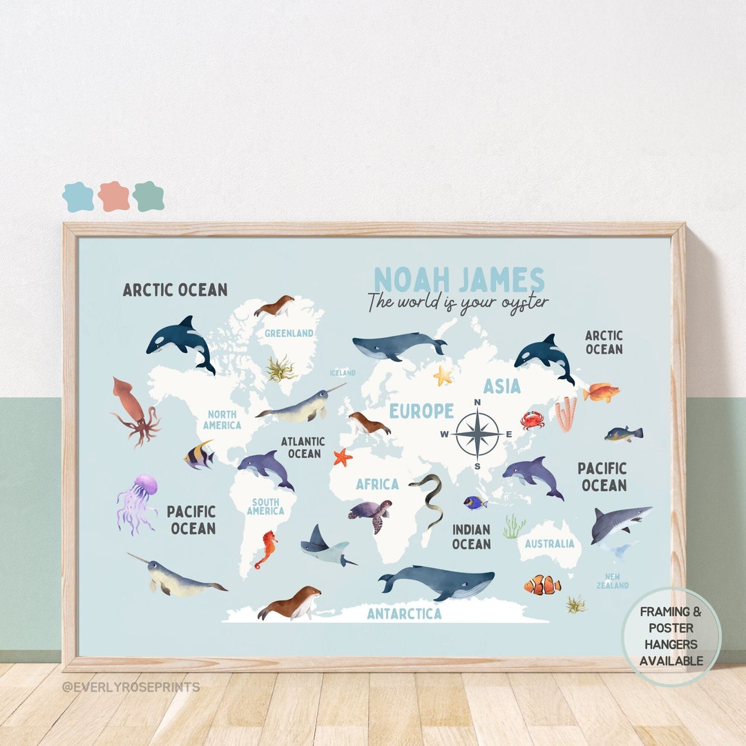 Sea Life World Map, Animal World Map, Nursery Prints, Ocean Nursery ...