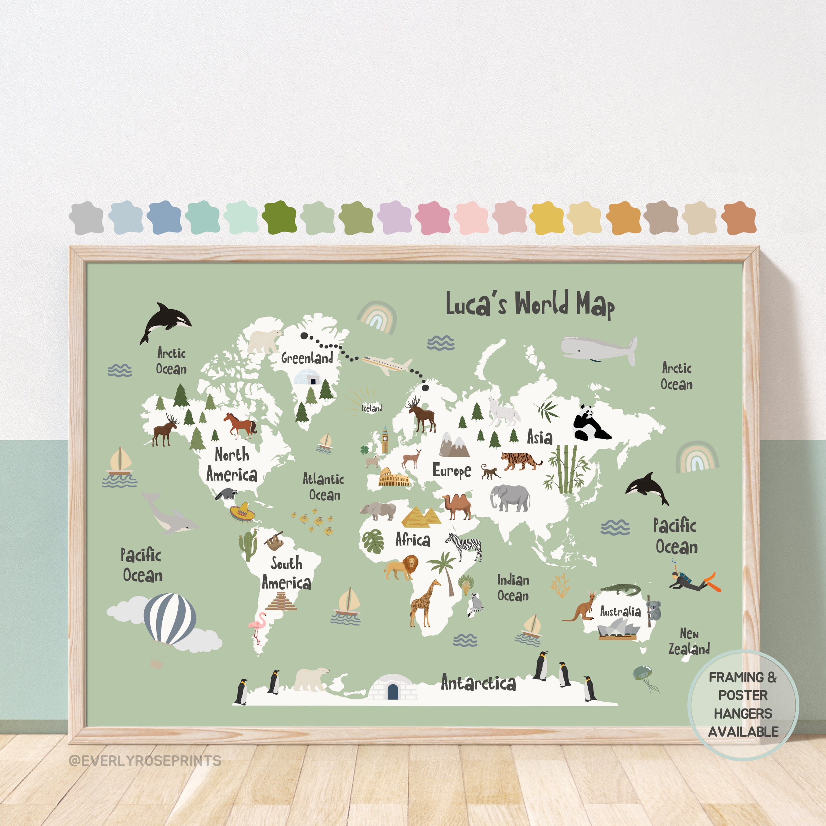 World Map Prints A4 A1 Various Colours Nursery Print - Etsy UK