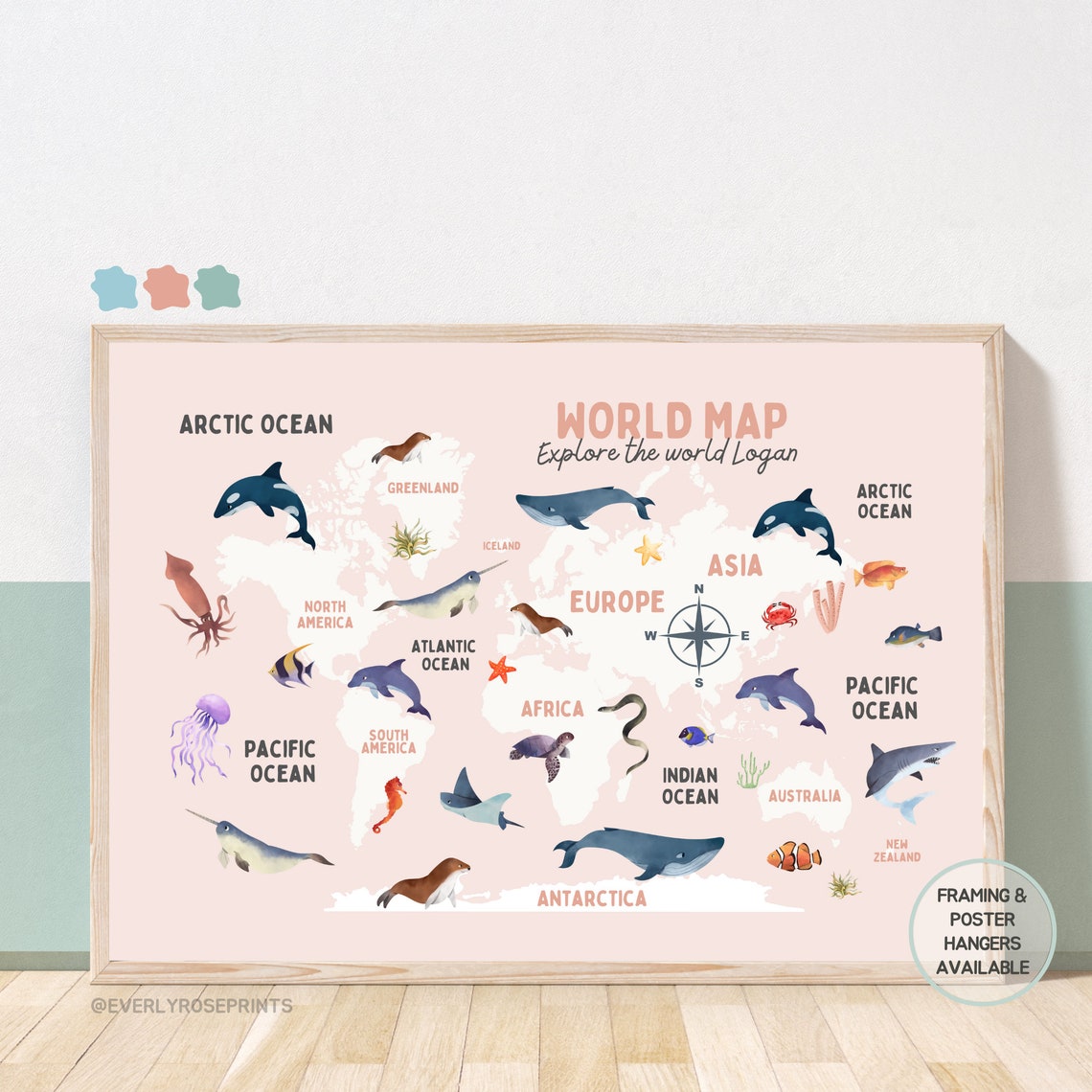 Sea Life World Map Animal World Map Nursery Prints Ocean - Etsy UK