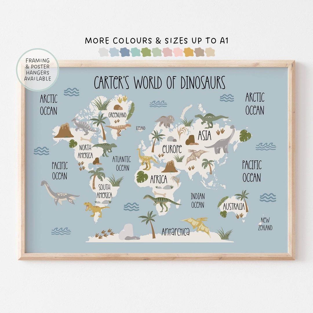Dinosaur World Map Prints, A4 A1, Various Colours, Nursery Print, Kids ...