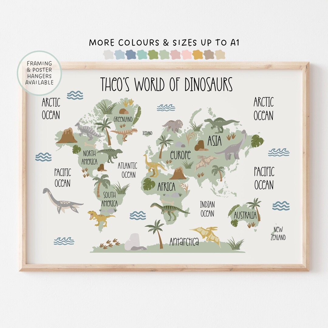 Dinosaur World Map Prints, A4 - A1, Various Colours, Nursery Print ...