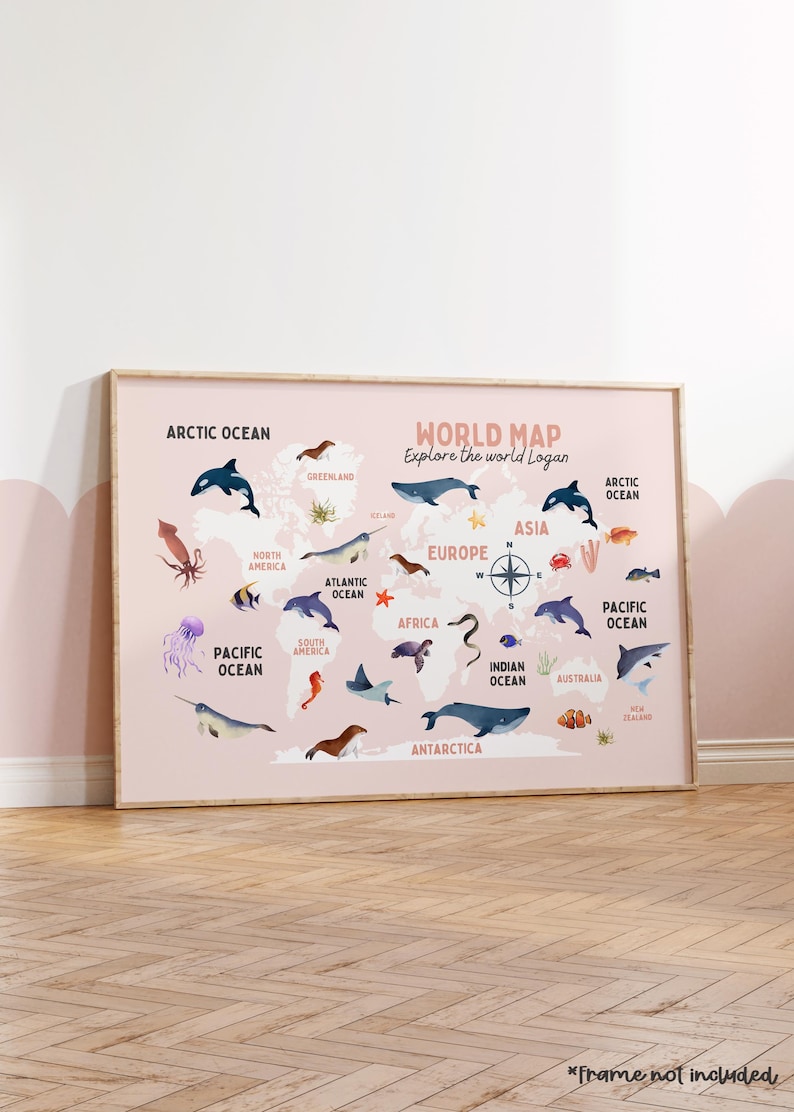 Sea Life World Map, Animal World Map, Nursery Prints, Ocean Nursery ...
