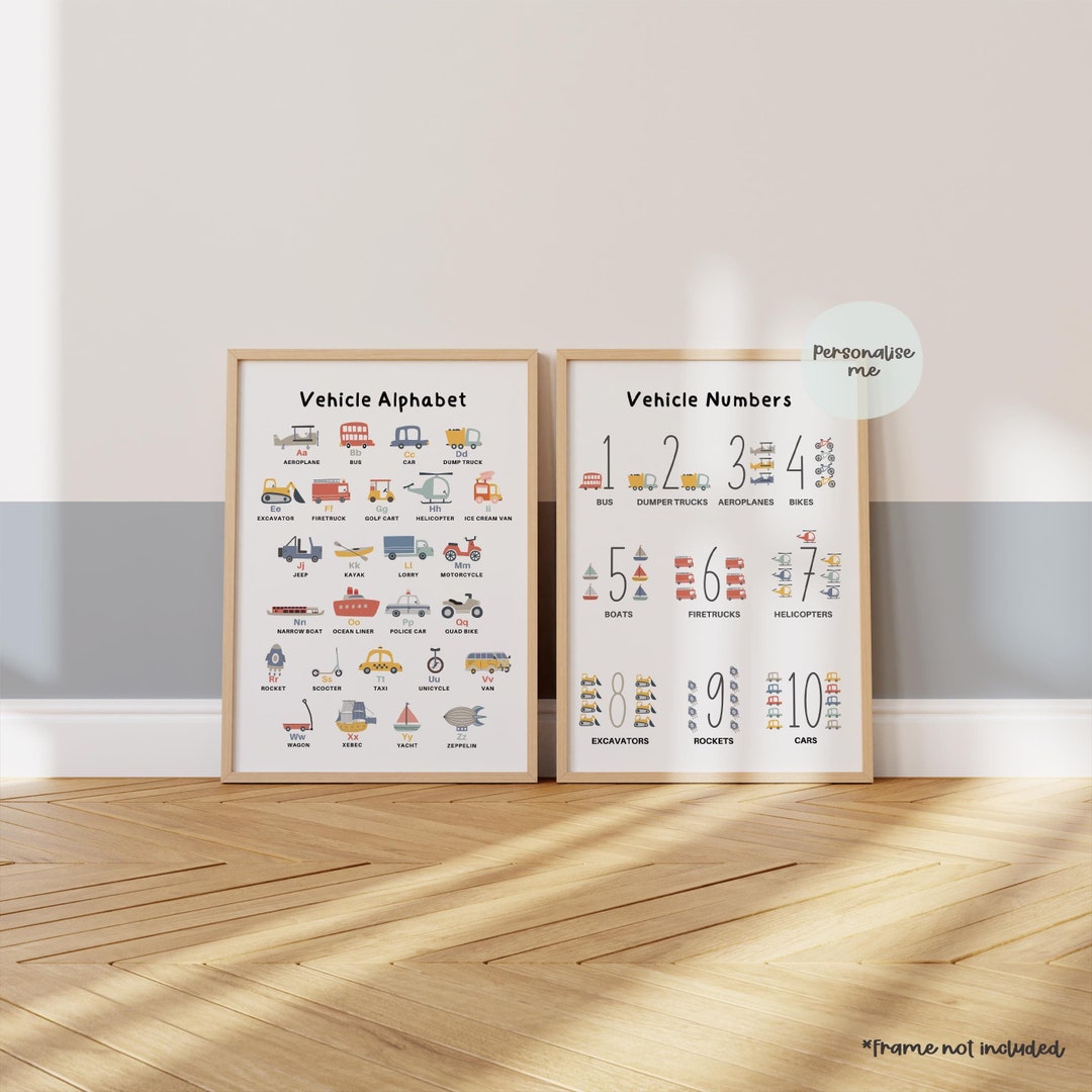 Set of 2, Vehicle Alphabet, Transportation Numbers, Educational Prints ...