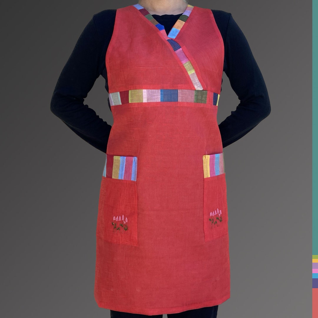 Korean Colorful Hanbok V-neck Apron Pinafore Ramie Pockets Double Lined ...