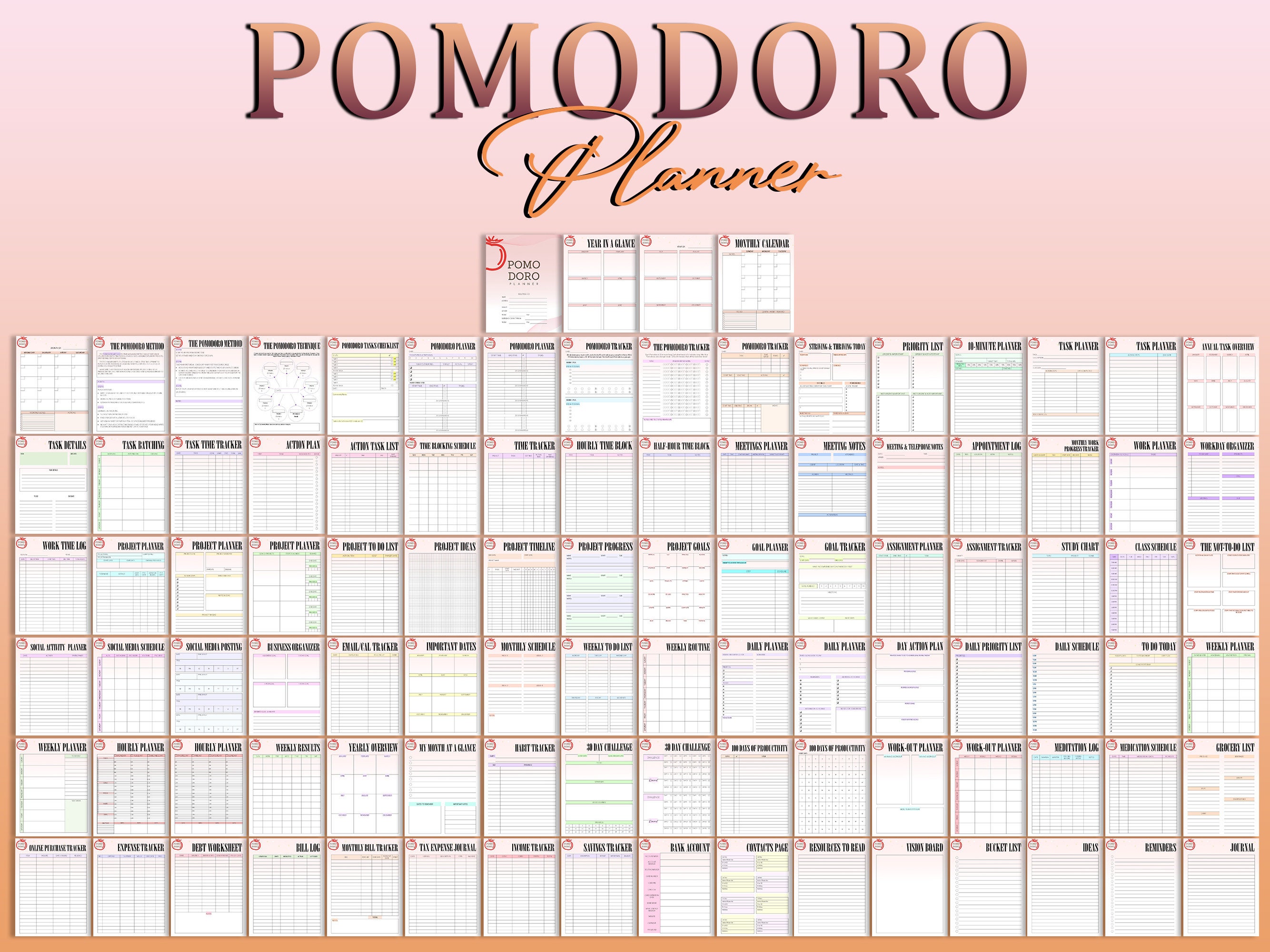 Pomodoro Planner Productivity Printable Study Session Time Tracker Task ...