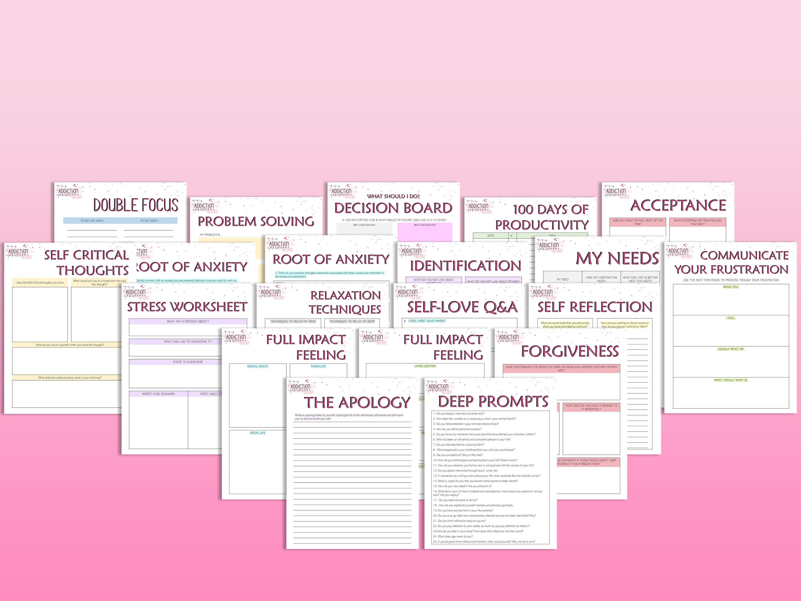 Addiction Recovery Worksheets Sobriety Planner Mental Health Self Care ...