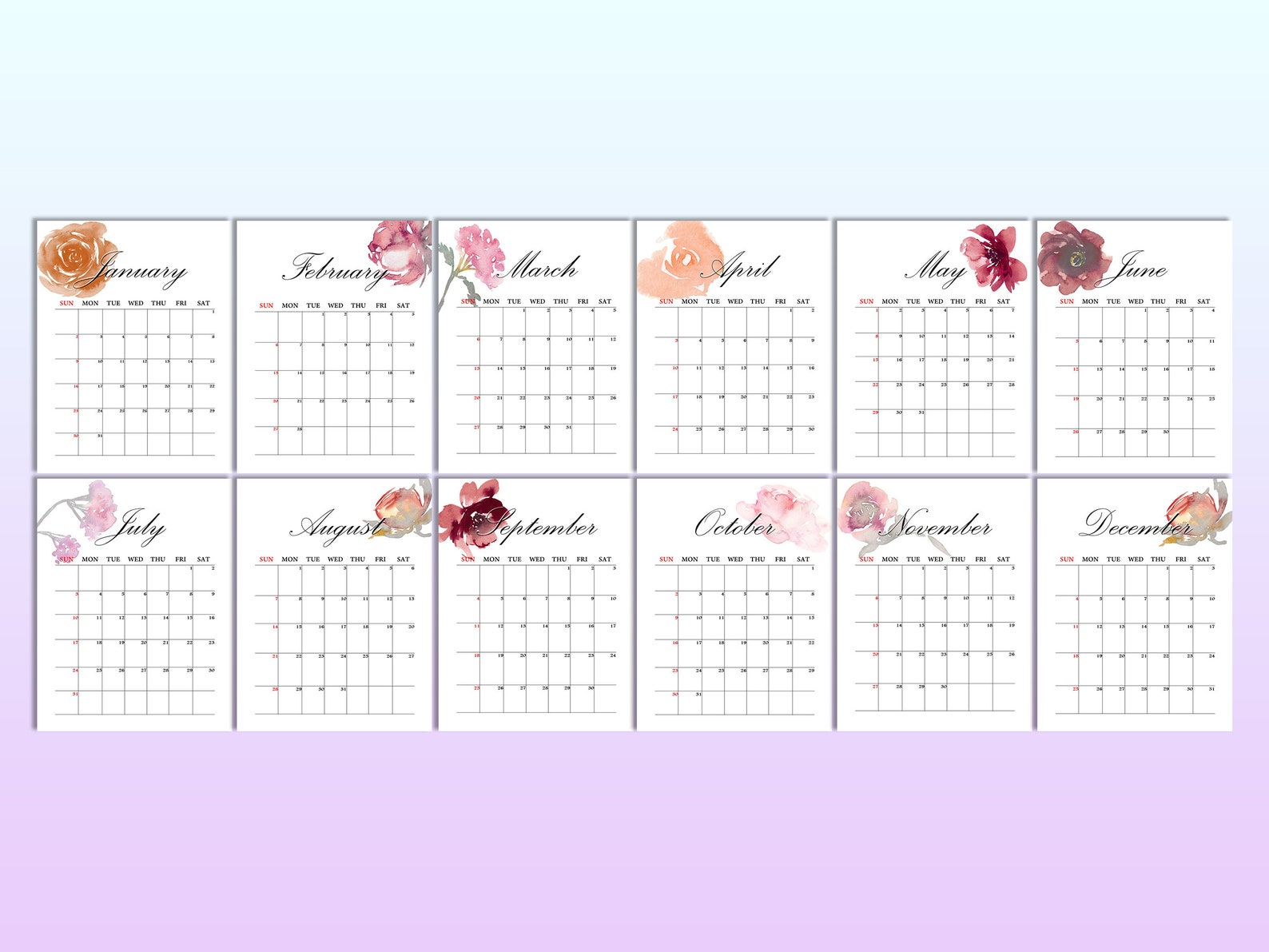 2022 Planner Calendar Flowers Watercolor Colorful Printable - Etsy