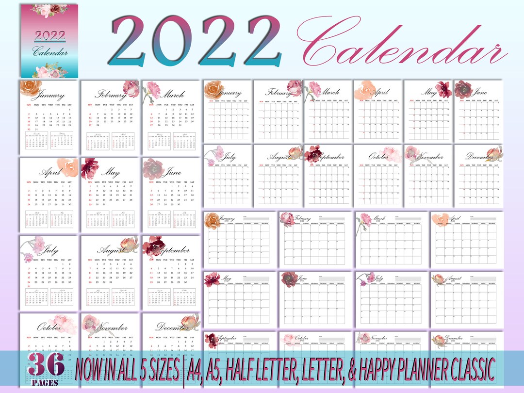 2022 Planner Calendar Flowers Watercolor Colorful Printable - Etsy