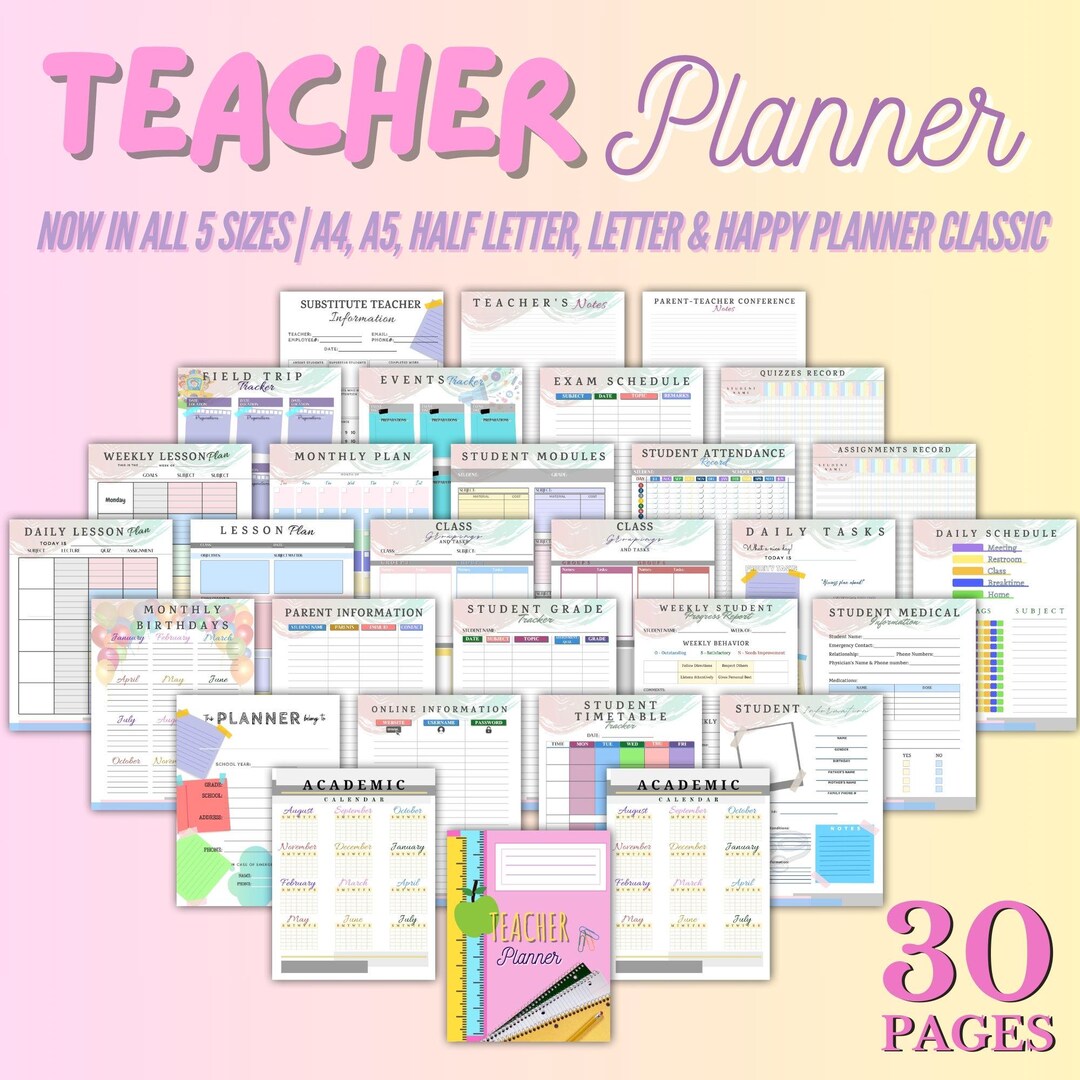 Teacher Planner Undated School Printable Academic Digital Download ...