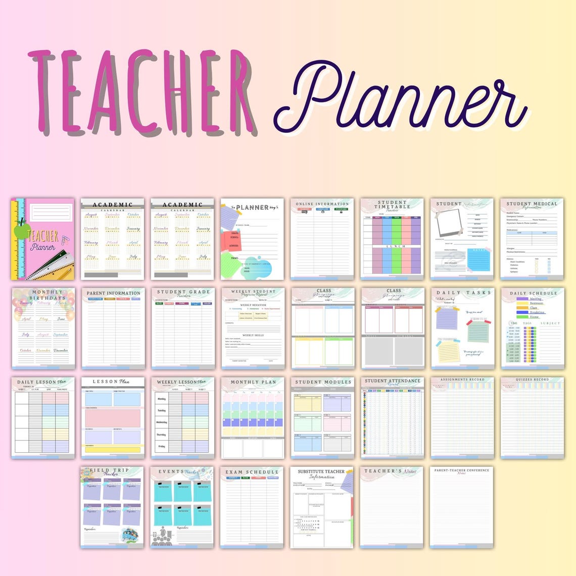 Teacher Planner Undated School Printable Academic Digital Download ...