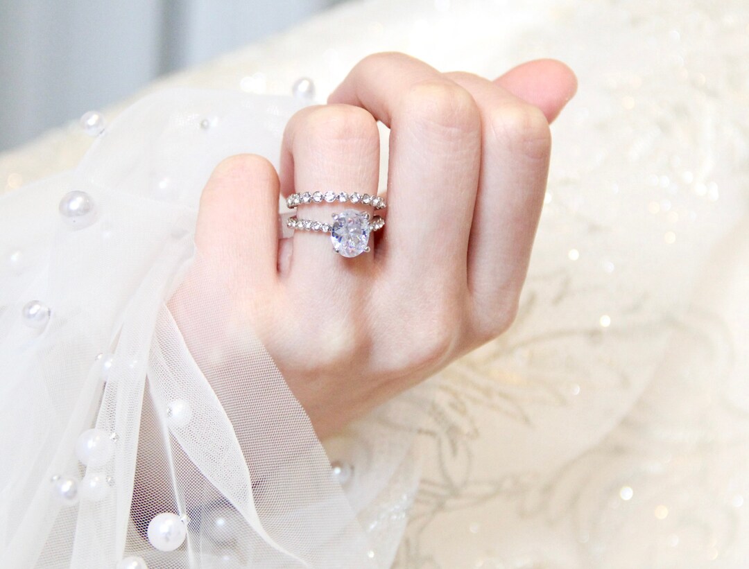 Two Diamond Rings Set Big Oval Luxury Diamond CZ Ring Wedding Rings ...