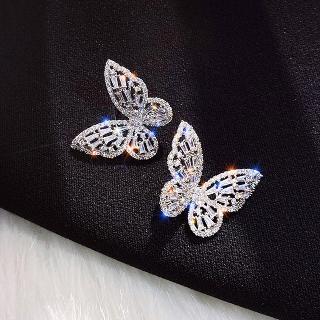 Butterfly Diamond Stud Earrings Big Silver Butterfly Ear Studs Shinning Earrings - Etsy