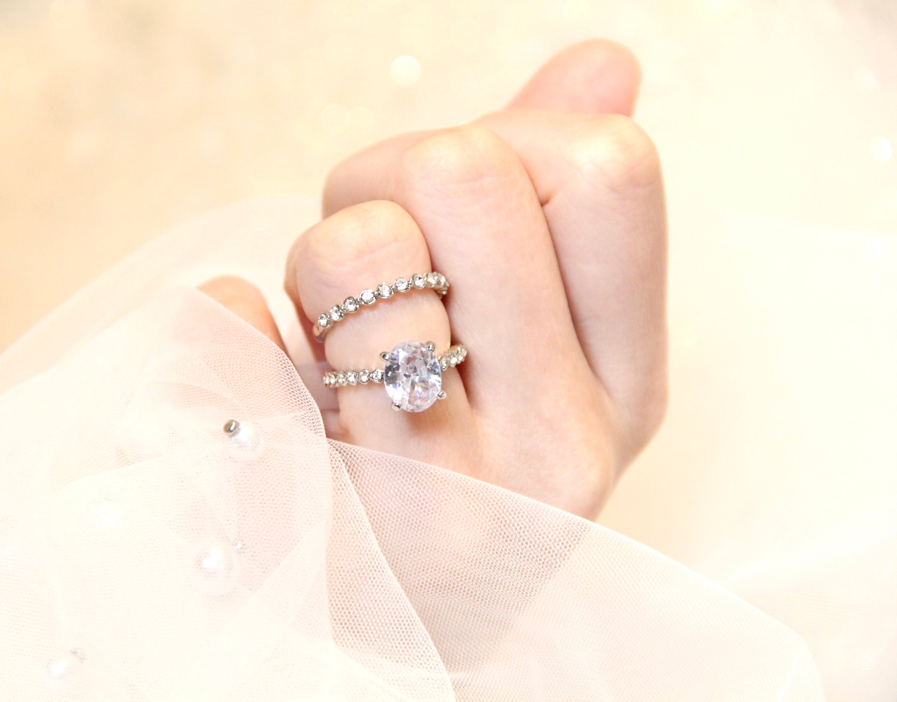 Two Diamond Rings Set Big Oval Luxury Diamond CZ Ring | Etsy