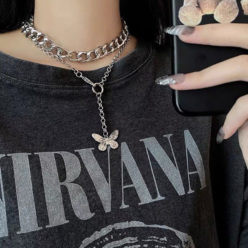Y2K Silver Butterfly Pendant Two Strands Thick Chain | Etsy