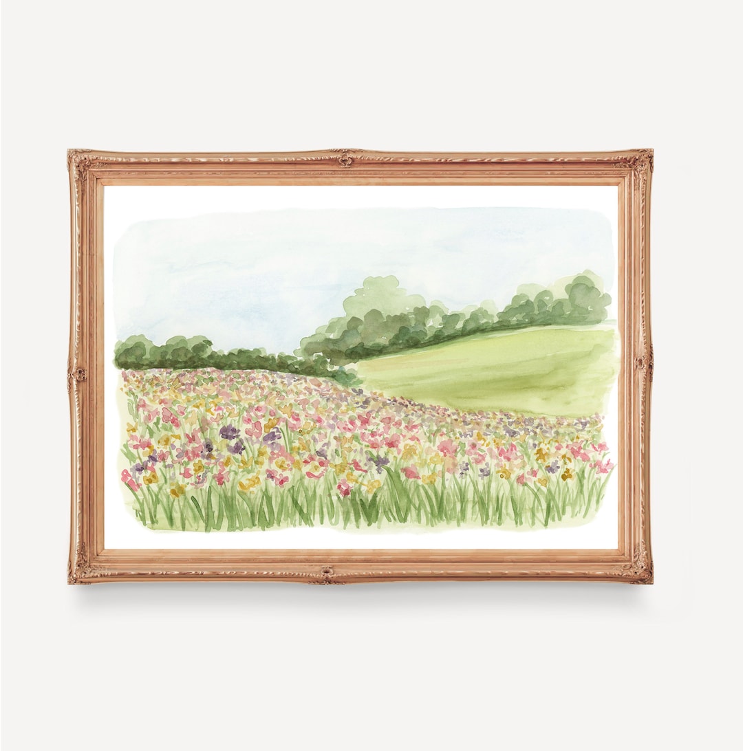 Floral Landscape, Hand Painted Watercolor Print, Cottage Core Wall ...