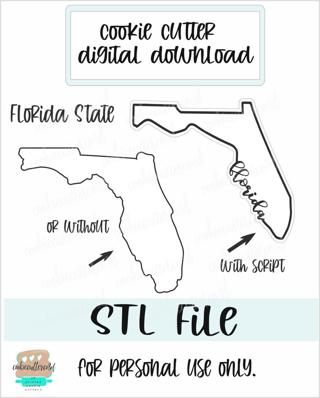 STL FILE- Florida State Cookie Cutter- With and Without Script Word- 2 ...
