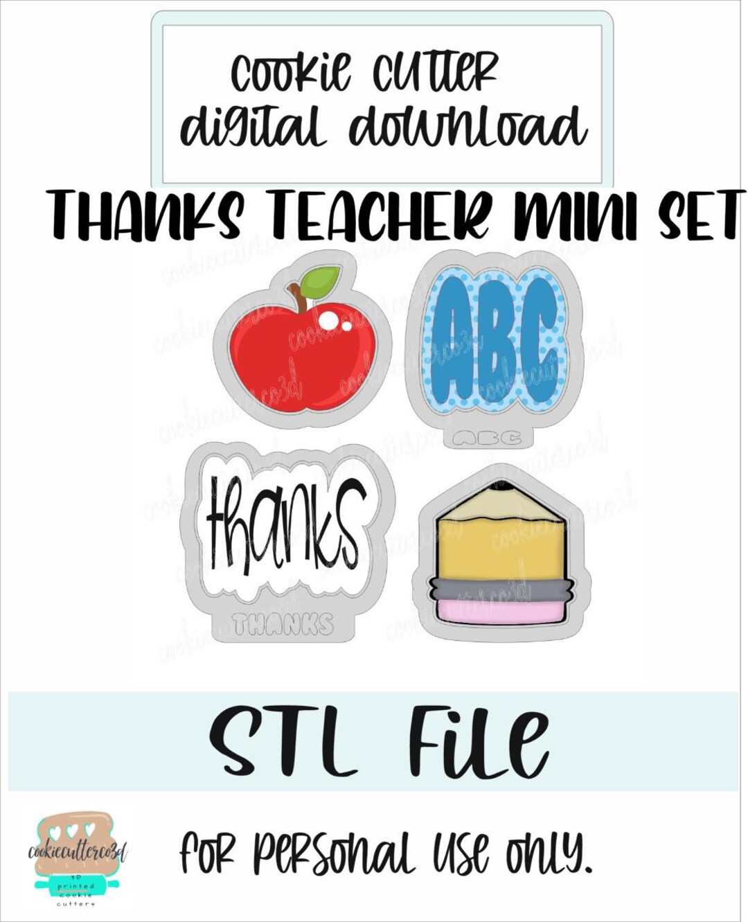 STL File-teacher Mini Set Cookie Cutters-thanks-apple-pencil-abc ...