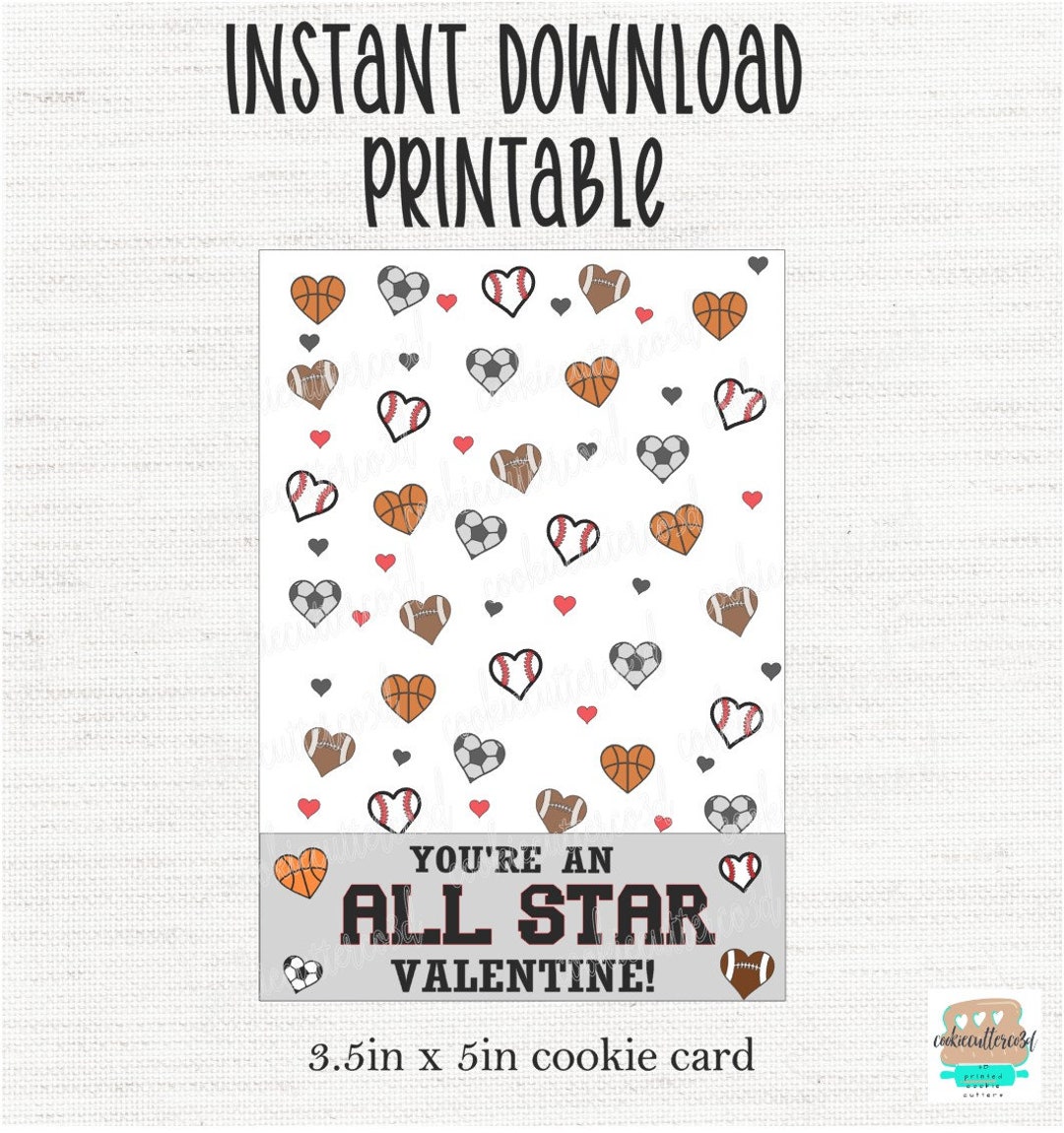 Printable Digital Download Valentine Cookie Card- All Star Valentine 3 ...