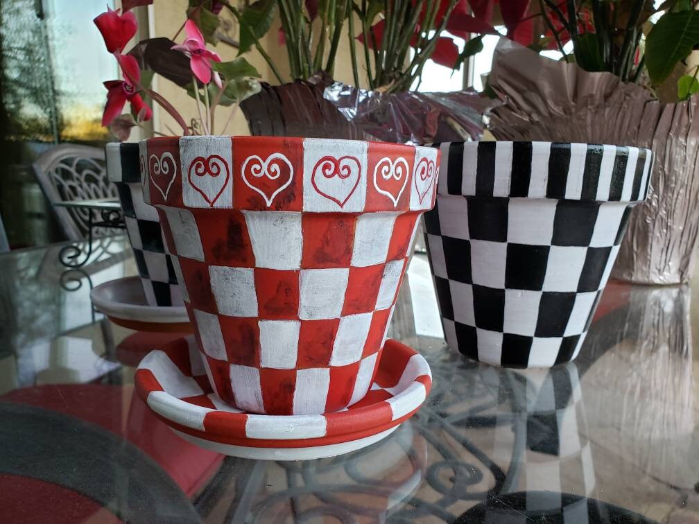 Hearts Painted Terra Cotta Flower Pot, Painted Planter, 6inch Checkered ...