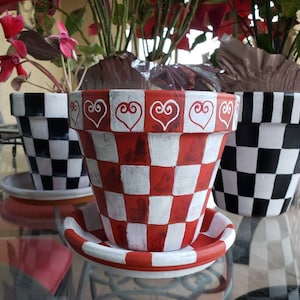 Hearts Painted Terra Cotta Flower Pot, Painted Planter, 6inch Checkered ...