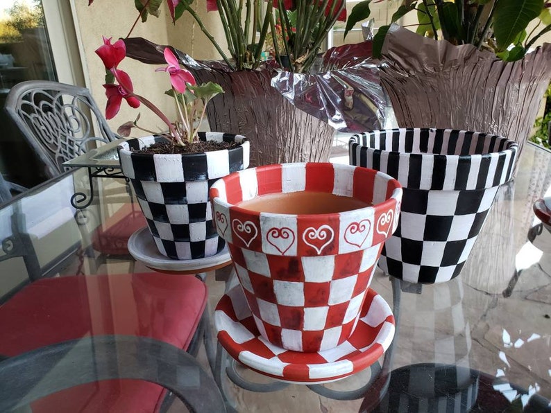 Hearts Painted Terra Cotta Flower Pot, Painted Planter, 6inch Checkered ...