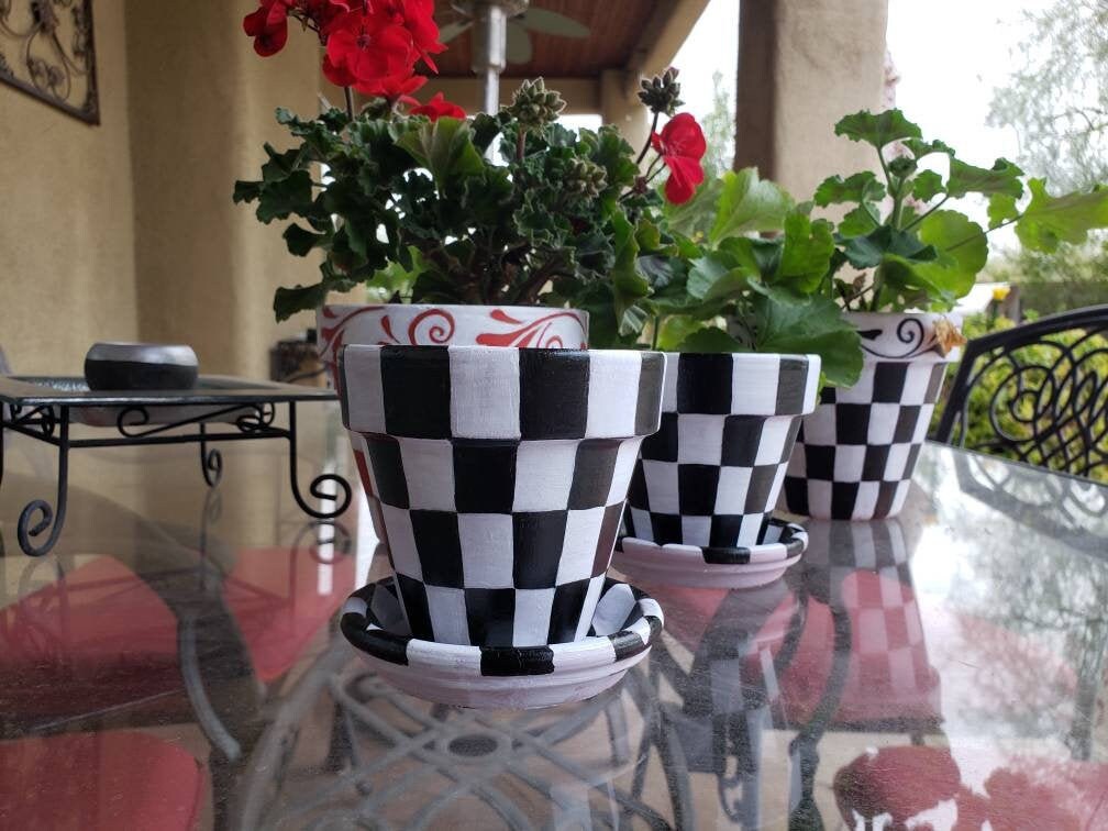 4 Checkered Planter, Painted Herb Pot, Terra Cotta Flower Pot ...
