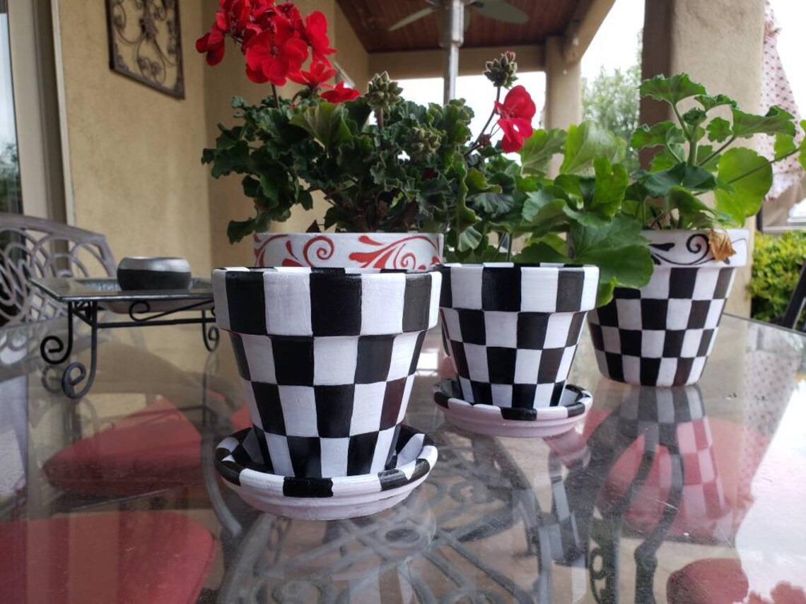 4 Checkered Planter, Painted Herb Pot, Terra Cotta Flower Pot ...